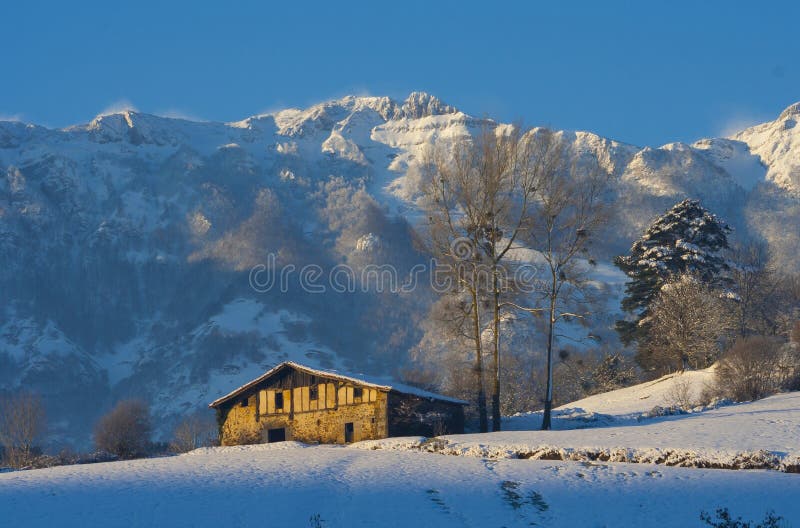 Farm in the Snow and the White Mountains Stock Image - Image of house ...