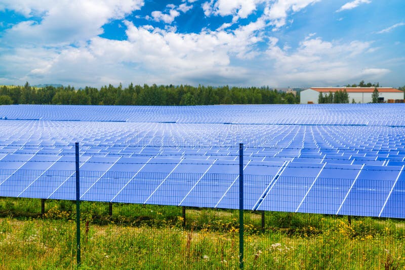 Farm with Solar Electric Panels on a Green Field Stock Photo - Image of ...