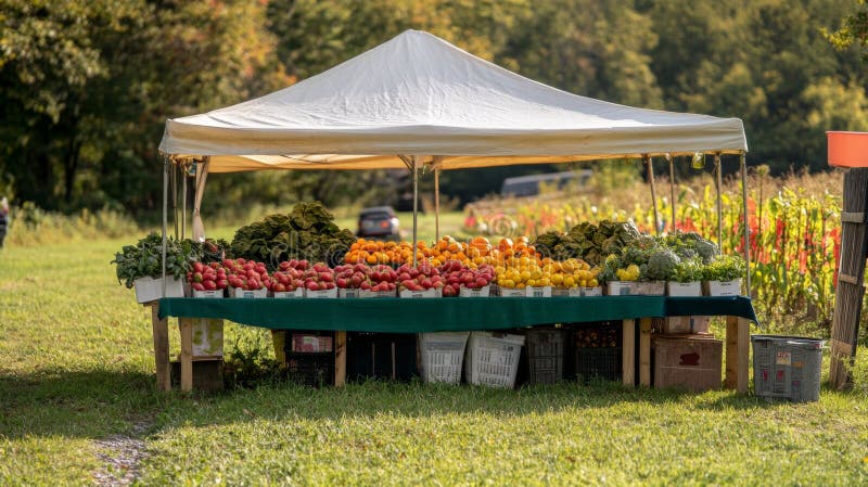 Farm Stand with Assorted Produce Under a White Tent Stock Illustration ...