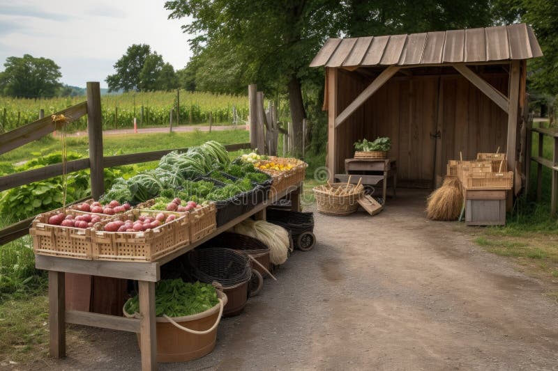 Farm Stand with Baskets of Freshly Picked Produce, Ready for Customers ...