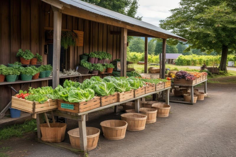 Farm Stand with Baskets of Freshly Picked Produce, Ready for Customers ...