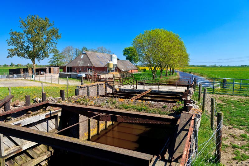 Farm With Stream In The Countryside Stock Image - Image of creek, tree ...