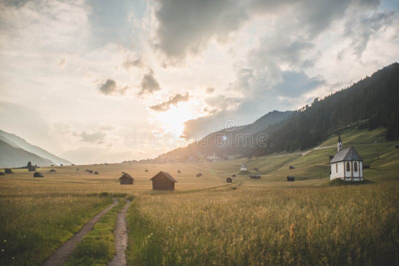 Farm at Sunset in Austrian Mountains, Alps Stock Image - Image of grass ...