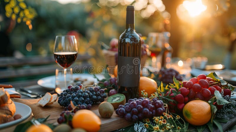 Farm To Table Dinner with Fresh Fruits and Wine at Sunset Stock Photo ...