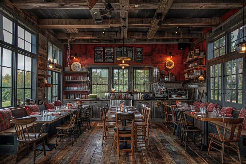 Farm-to-table Restaurant Interior with Rustic Decor and Open Kitchen ...