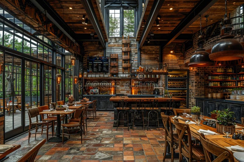 Farm-to-table Restaurant Interior with Rustic Decor and Open Kitchen ...
