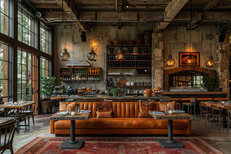 Farm-to-table Restaurant Interior with Rustic Decor and Open Kitchen ...