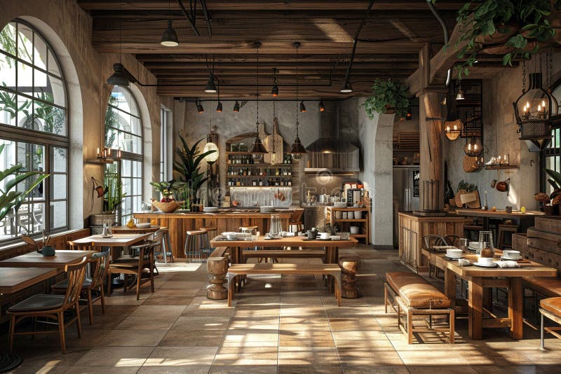 Farm-to-table Restaurant Interior with Rustic Decor and Open Kitchen ...
