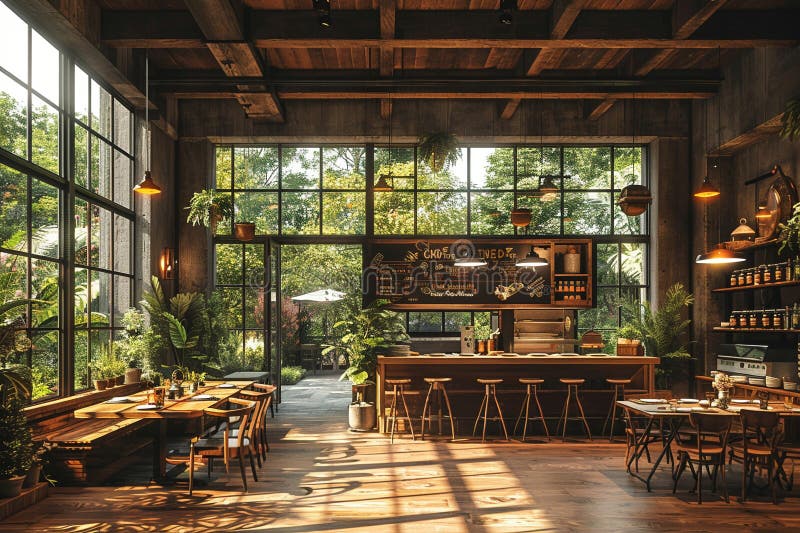 Farm-to-table Restaurant Interior with Rustic Decor and Open Kitchen3D ...