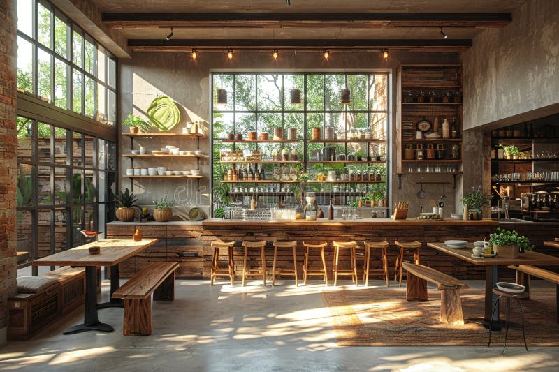 Farm-to-table Restaurant Interior with Rustic Decor and Open Kitchen3D ...