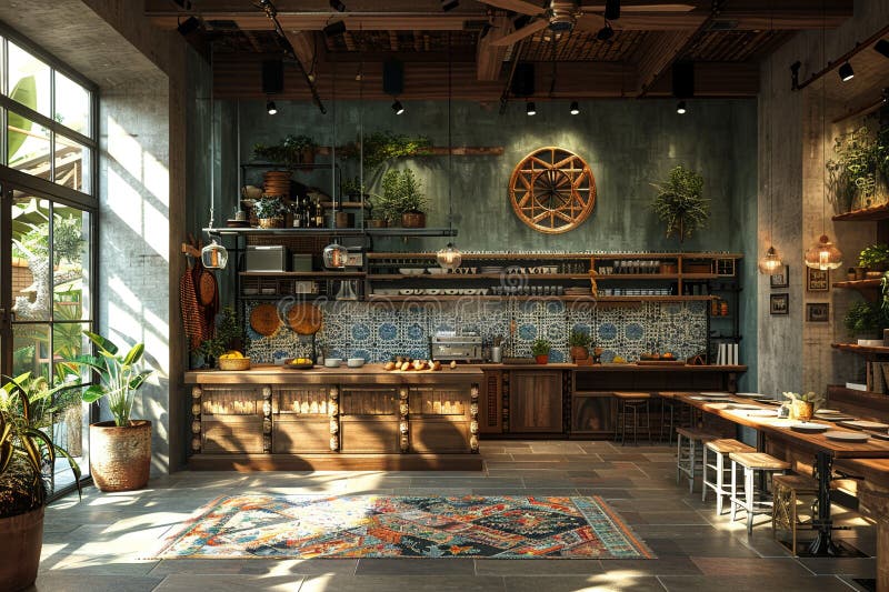 Farm-to-table Restaurant Interior with Rustic Decor and Open Kitchen3D ...