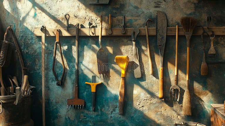 Farm Tools on Wall, Realistic, Cinematic Light, Sharp Focus. Stock ...