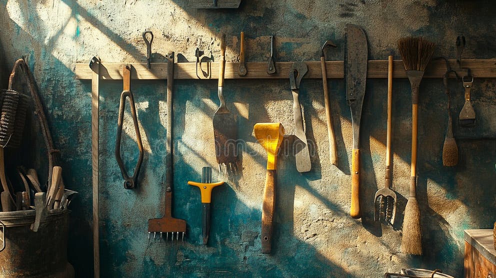 Farm Tools on Wall, Realistic, Cinematic Light, Sharp Focus. Stock ...
