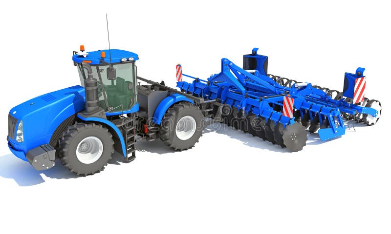 Farm Tractor with Compact Disc Harrow 3D Rendering on White Background ...