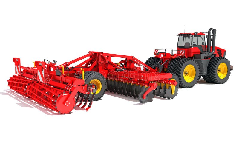 Farm Tractor with Compact Disc Harrow 3D Rendering on White Background ...