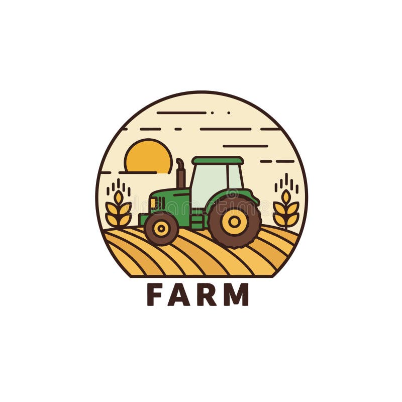 Farm Tractor Logo Design with Sunrise and Crops in Circular Frame ...