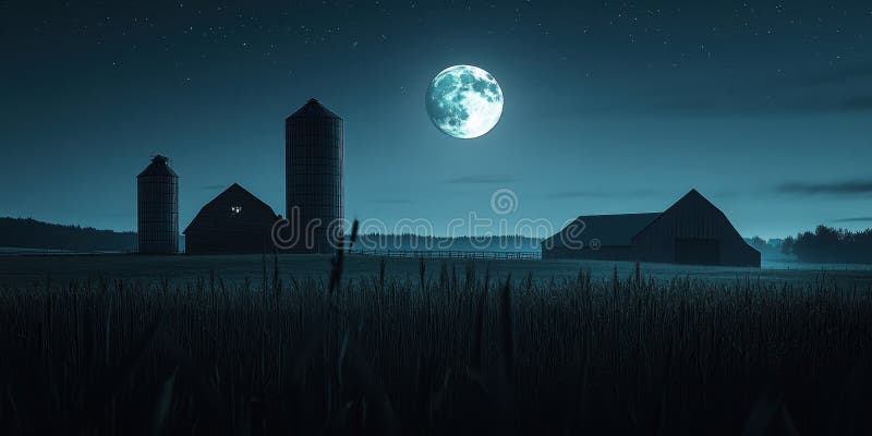 A Farm Under a Bright Moon with a Starry Night Sky Stock Illustration ...