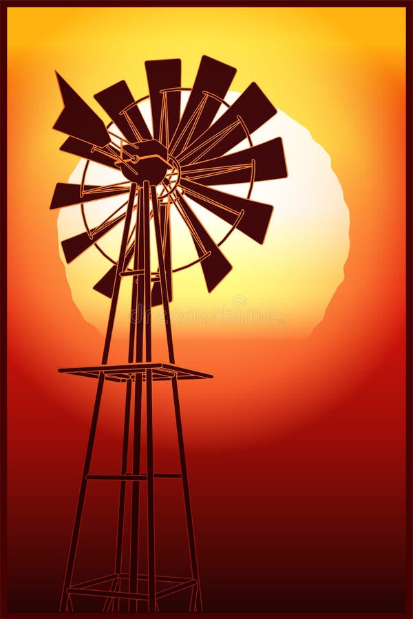 Farm windmill at sunset stock vector. Illustration of drawings - 222228856