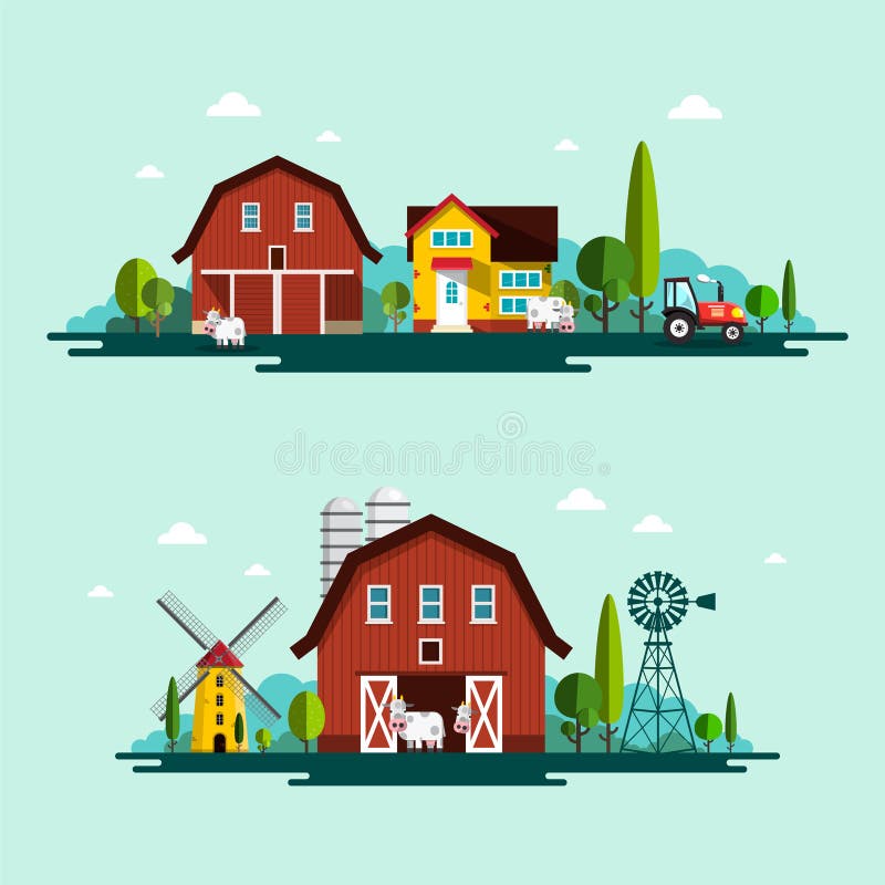 Farm with Windmills and Barns Stock Vector - Illustration of graphic ...