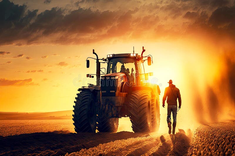 Farmer and Agricultural Tractor Work in Field at Sunset Stock ...
