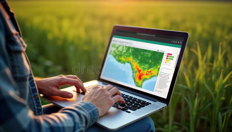 Farmer Analyzes Digital Soil Map on Laptop Outdoors Optimizing Crop ...