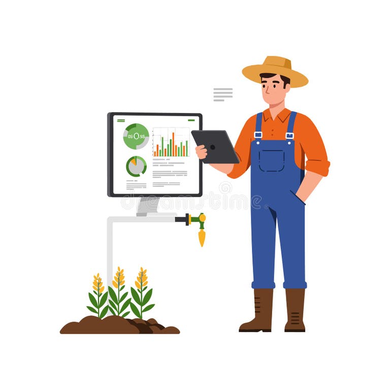 Farmer Analyzing Crop Data with Tablet and Computer in Flat Vector Art ...