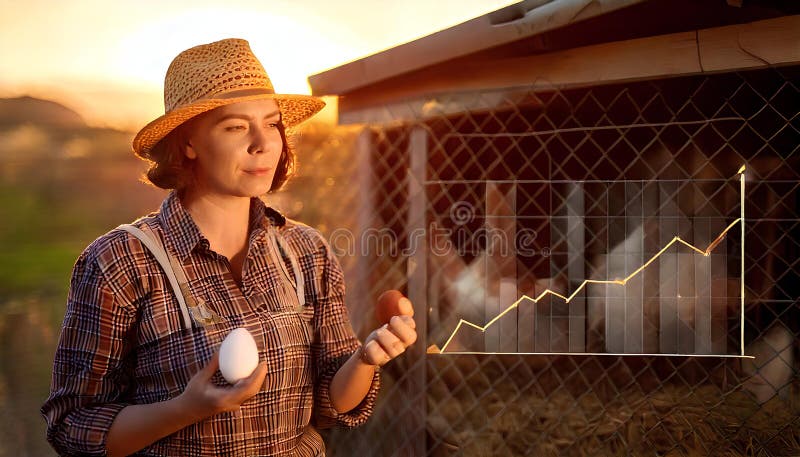 Farmer Analyzing Egg Price Increase at Sunset in Chicken Coop Stock ...