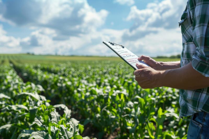 Farmer Inspecting Crops and Holding Clipboard with Growth Chart in Corn ...