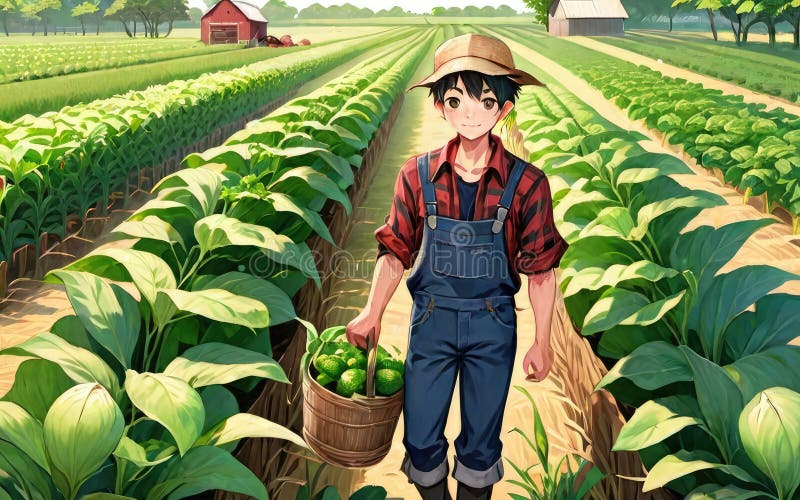 Farmer Anime a Young Boy in Activity in the Field with Plants in the ...