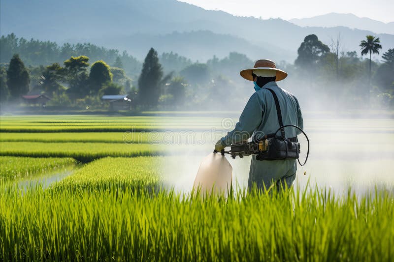 Farmer Applying Insecticides in Vast Rice Paddy Landscape, Expansive ...