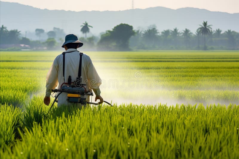 Farmer Applying Insecticides in Vast Rice Paddy Landscape, Expansive ...