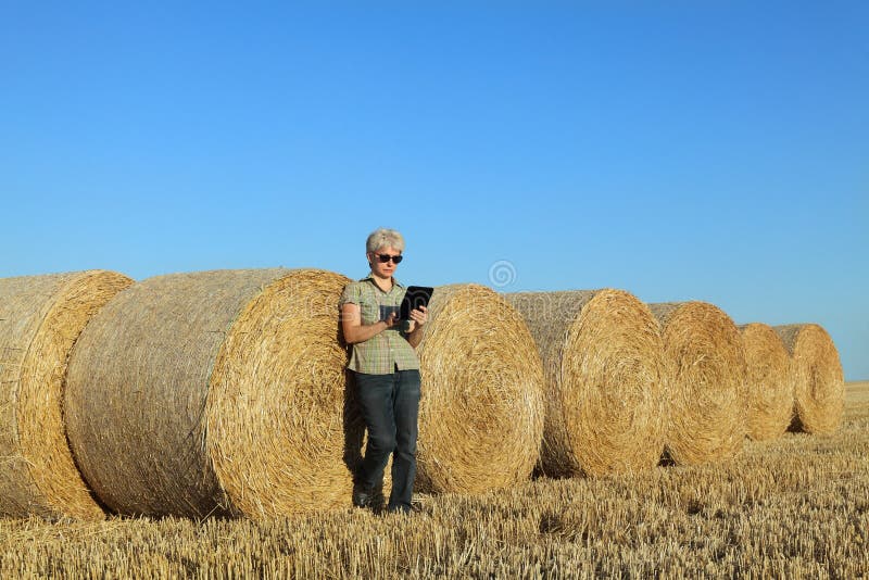 Farmer and Bale of Straw in Field Stock Image - Image of countryside ...
