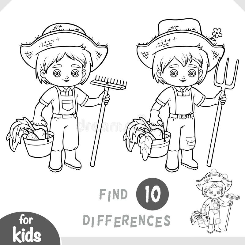 Farmer Boy with Rake and Bucket. Find Differences, Educational Game for ...
