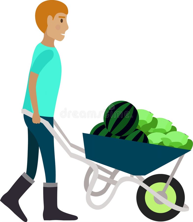 Farmer Carrying Vegetables Crop in Wheelbarrow Vector Icon Isolated on ...