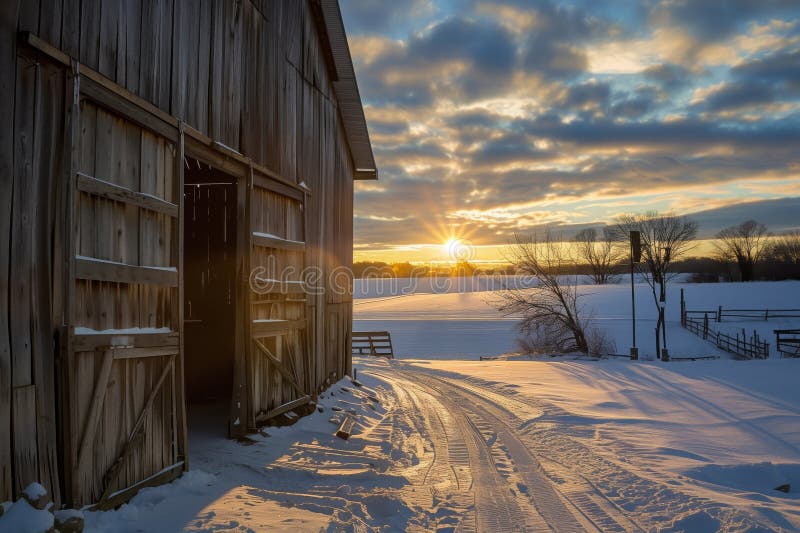 Farmer Closing Barn Doors, Sunset Illuminating the Snowy Landscape ...