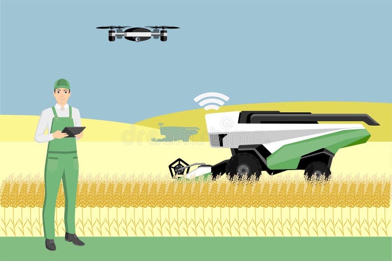 Farmer Controls an Autonomous Harvester Stock Vector - Illustration of ...
