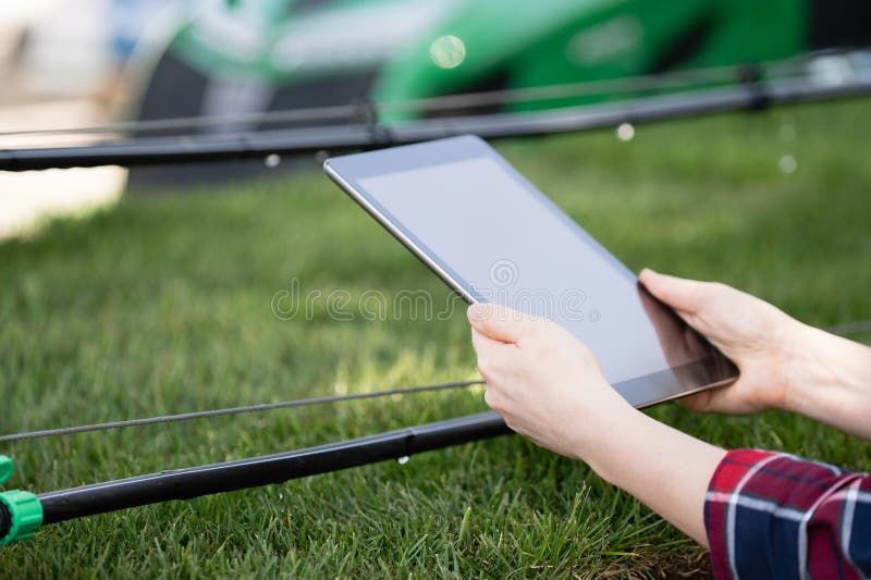 Farmer Controls Drip Irrigation System Stock Image - Image of closeup ...