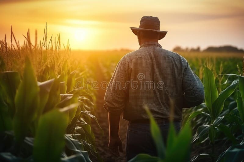 Farmer in Corn Field at Sunset Stock Illustration - Illustration of ...
