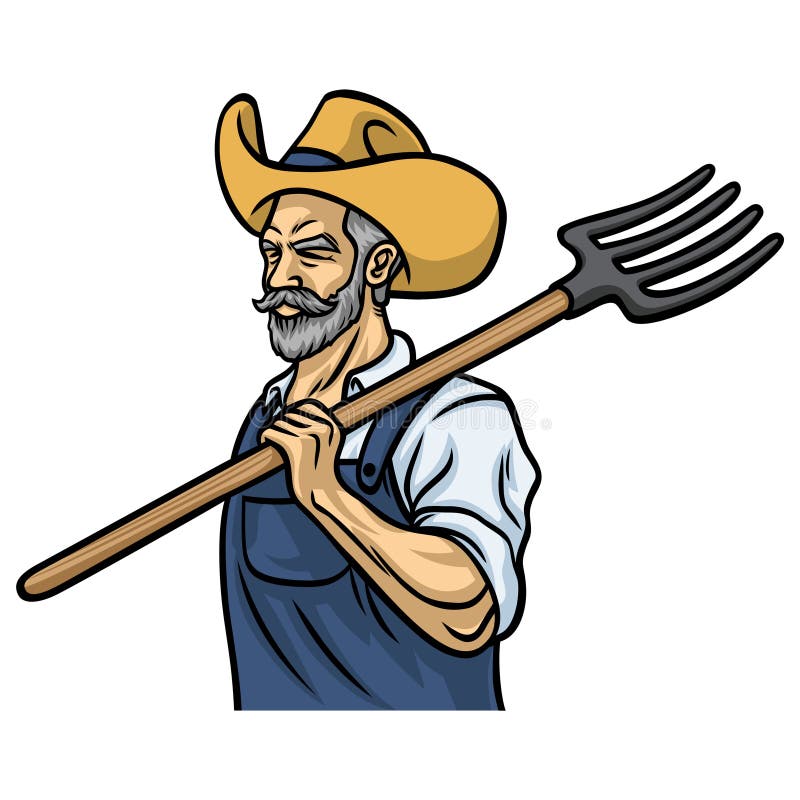 Farmer with Cowboy Hat Character Design Holding Fork Mascot Vector ...
