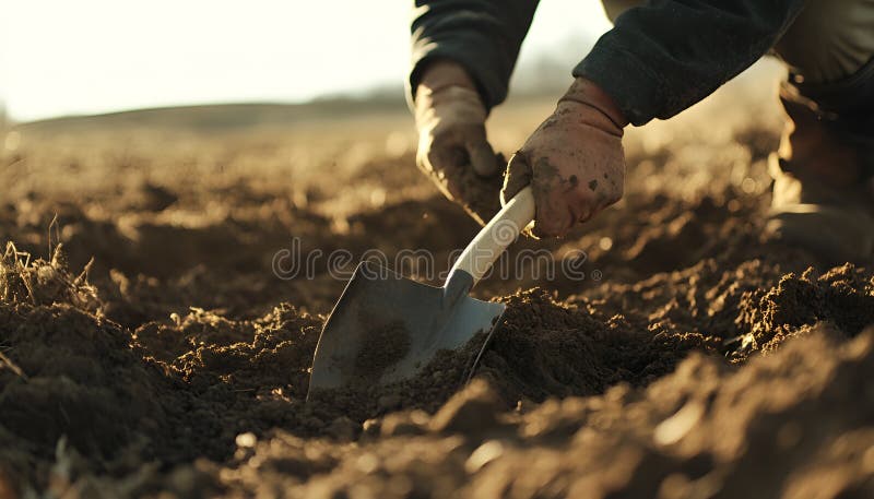 Farmer Digging Soil with Shovel on Sunny Day, Closeup Stock Image ...