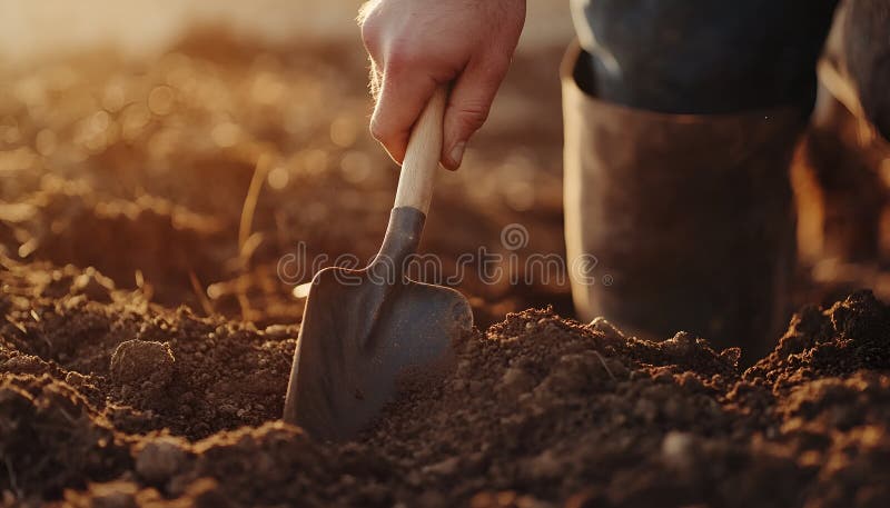 Farmer Digging Soil with Shovel on Sunny Day, Closeup Stock Photo ...
