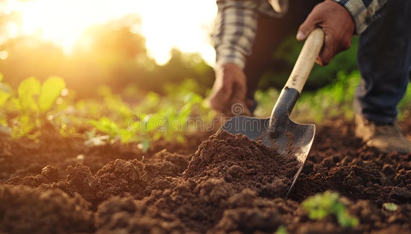 Farmer Digging Soil with Shovel on Sunny Day, Closeup Stock Photo ...