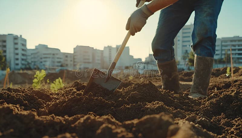 Farmer Digging Soil with Shovel on Sunny Day, Closeup Stock Photo ...