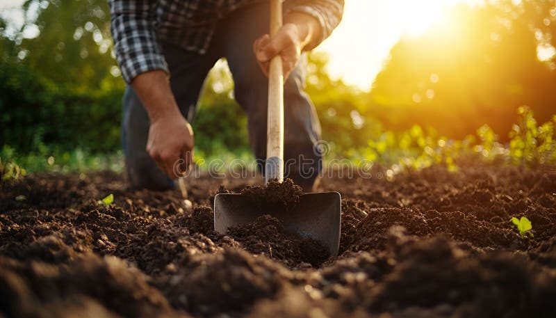 Farmer Digging Soil with Shovel on Sunny Day, Closeup Stock Image ...