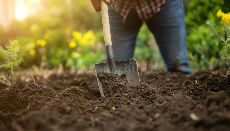 Farmer Digging Soil with Shovel on Sunny Day, Closeup Stock Image ...