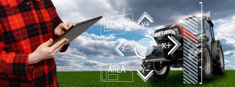 Farmer with Digital Tablet Controls an Autonomous Tractor Stock Photo ...