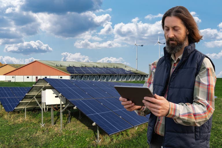 Farmer with Digital Tablet on a Modern Farm Using Solar Panels Stock ...