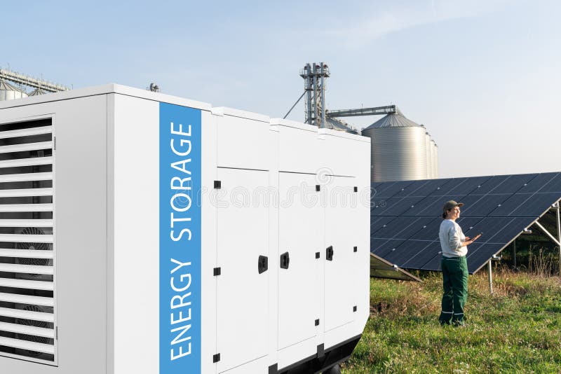 Farmer with Digital Tablet Next To Solar Panels and Energy Storage ...