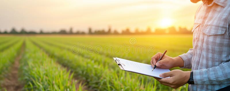 Farmer Documenting Crop Inspection with a Clipboard at Sunset ...