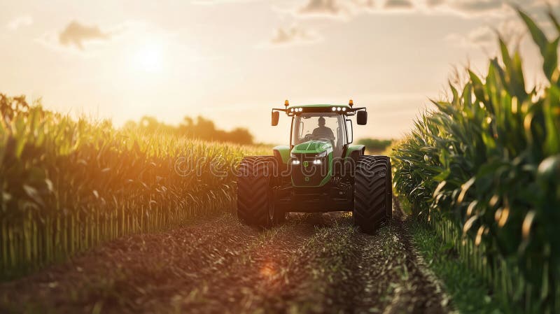 Farmer Driving Modern Tractor through Corn Field at Sunset Stock Photo ...